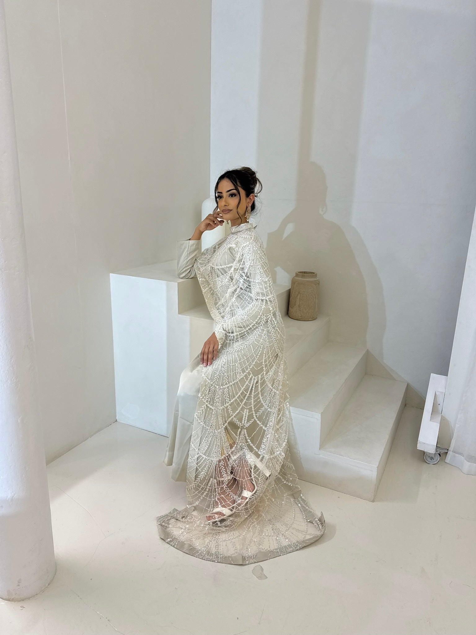 DINA Ivory Embellished Trail Cape Dress (2pc) – Anam Attire